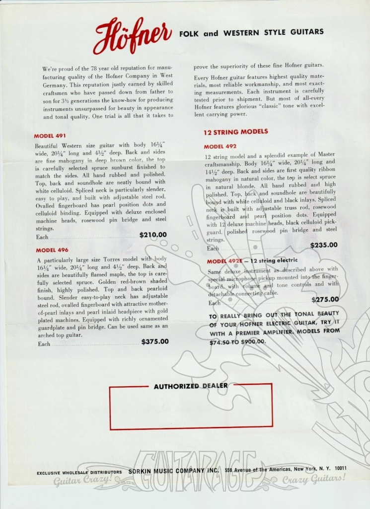 Höfner Folk and western - 6string and 12 guitar flyer brochure 1960 ...