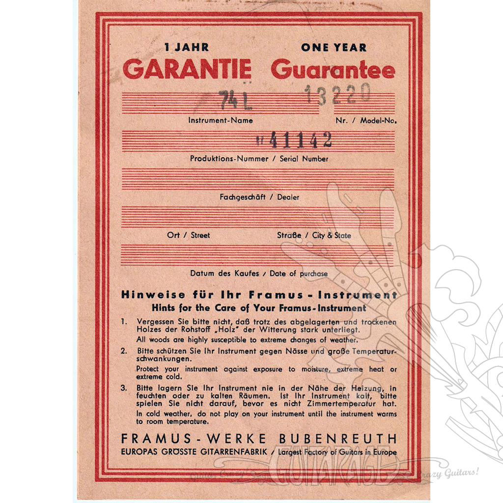 Framus 74L guitar guarantee cards 1960 - 70s made in Germany ...
