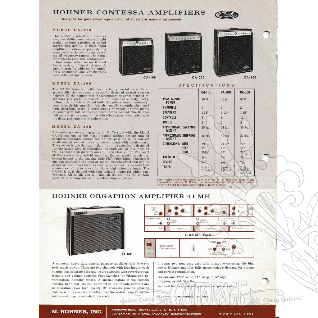 Hohner guitar bass amp catalog 1969 made in USA - Guitarage.nl - Guitar ...